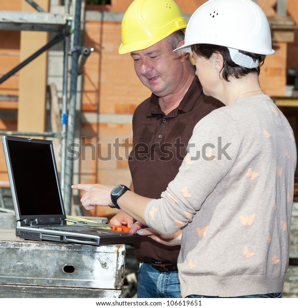Civil Engineer Construction Worker Looking Laptop Stock Photo 106619651 ...