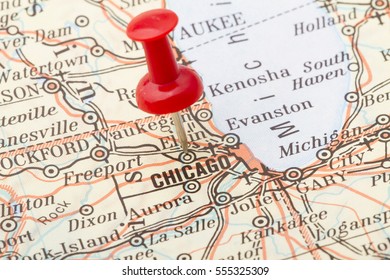 Close Chicago Map Red Push Pin Stock Photo (Edit Now) 555325309