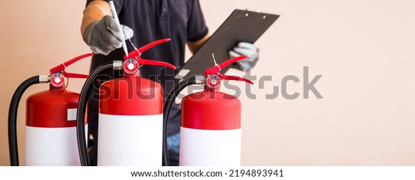 Close Fire Extinguisher Firefighter Checking Pressure Stock Photo ...