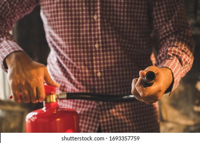 Close Hand Fireman Using Fire Extinguisher Stock Photo 1693357759 ...