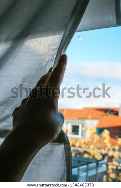 Close Hand Pulling Aside White Curtain Stock Photo 1546405373 ...