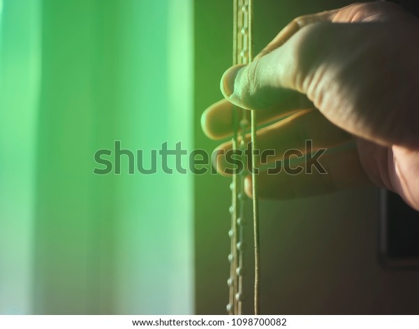 Close Hand Pulling Ropes Opens Window Stock Photo (Edit Now) 1098700082