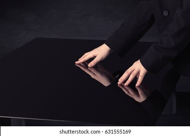 Close Hand Touching Smart Table Copy Stock Photo (Edit Now) 1063795031