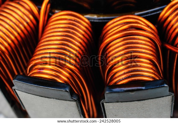 Close up on copper coil of the transformer