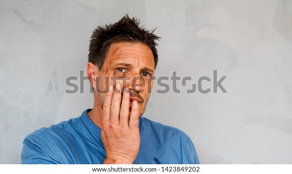 Close Scared Bruised Man Crying Stock Photo (Edit Now) 1423849202
