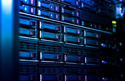 Futuristic background image of rack server with blinking lights in ...