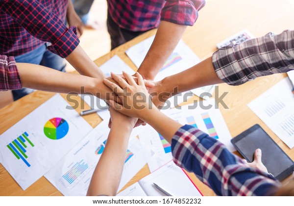 Close Top View Workers Putting Hands Stock Photo 1674852232 | Shutterstock