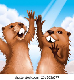 「Close Two Beavers Side-by-side Clapping Cheering」のAI生成画像、2362636821 ...