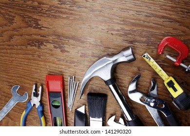 Carpentry Construction Collage Tools Underneath Wooden Stock Photo ...