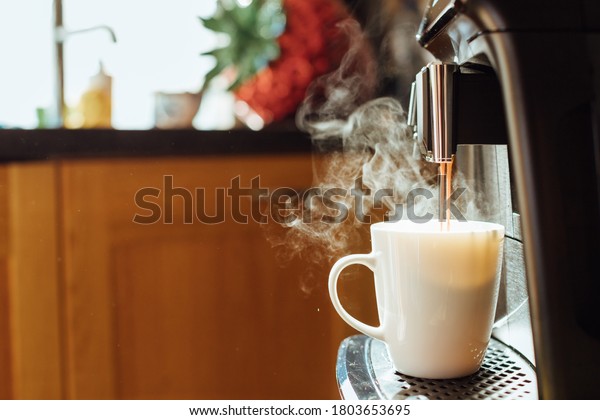 Closeup Coffee Machine Making Steaming Coffee Stock Photo 1803653695 ...