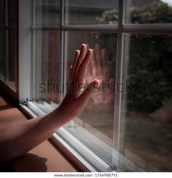 Closeup Hand Pressed Window Inside Looking Stock Photo (Edit Now ...
