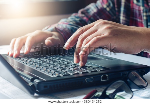 Closeup Hand Using Laptops Stock Photo (Edit Now) 380434252