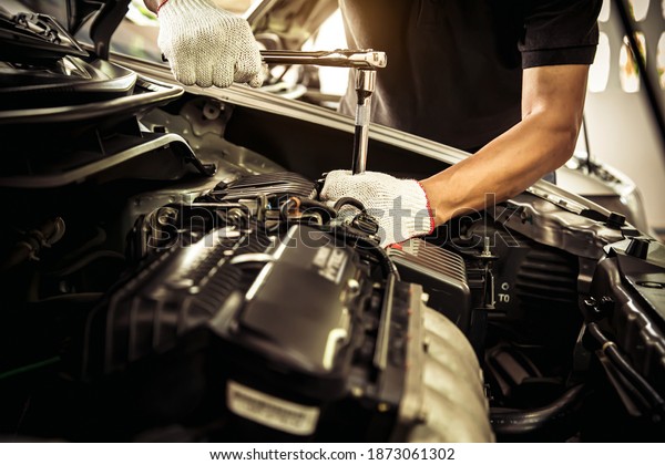 Closeup Hands Auto Mechanic Using Wrench Stock Photo 1873061302 ...