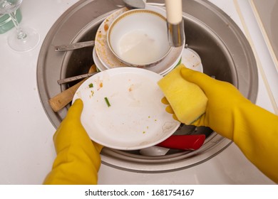 Closeup Image Man Washing Stack Dishes Stock Photo 1681754167 ...