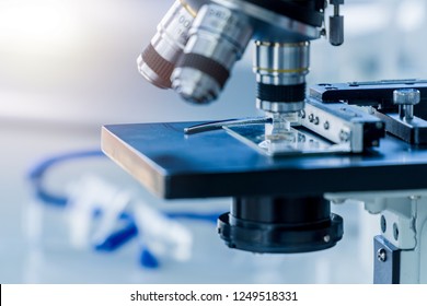 Closeup Microscope Lenses On Sample Slide Stock Photo 1249518331 ...