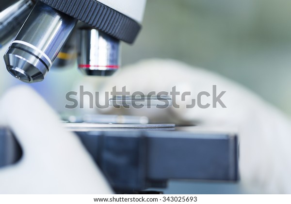 Closeup Scientist Hands Microscope Examining Samples Stock Photo ...