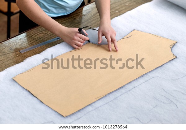 Closeup Tailors Table Male Hands Tracing Stock Photo 1013278564 ...