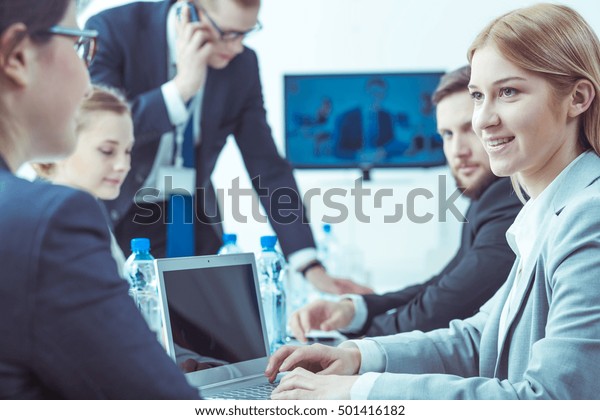 Closeup Two Young Managers Talking Friendly Stock Photo 501416182 ...