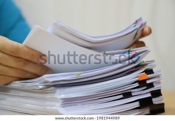 Closeup Womans Hand Selecting Document Pile Stock Photo 1981944989 ...