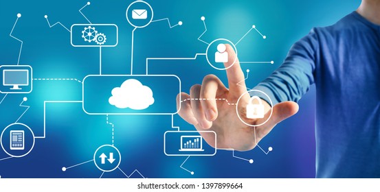 Cloud Computing Man On Blue Background Stock Photo 1397899664 ...