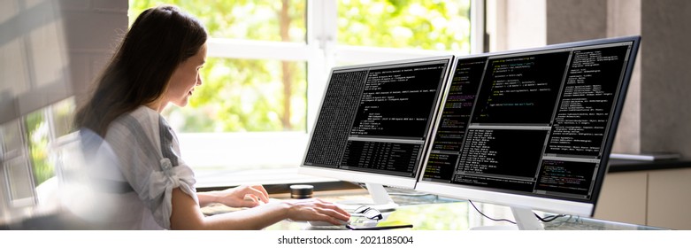 Coder Woman Coding On Computer Programmer Stock Photo 2021185004 ...