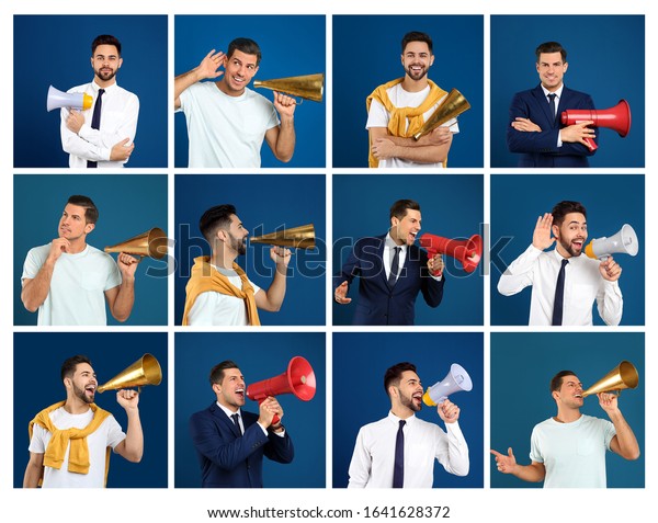 Collage Men Megaphones On Blue Background Stock Photo 1641628372 ... Collage Men Megaphones On Blue Background Stock Photo 1641628372 ...