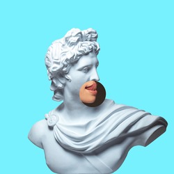 Collage with plaster head model and male portrait. Modern design ...
