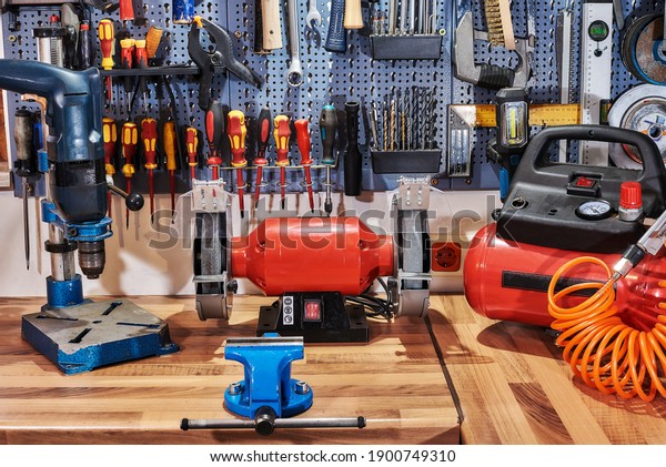 Collection Assorted Tools Hanging On Wall Stock Photo 1900749310 ...