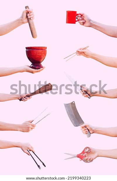 Collection Hands Different Kitchen Tools Isolated Stock Photo ...