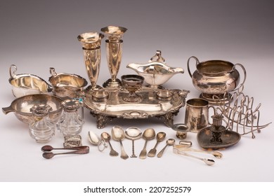 Collection Silver Items Including Flatware Knives Stock Photo ...