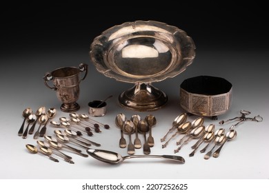 Collection Silver Items Including Flatware Knives Stock Photo ...