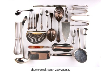 Collection Silver Items Including Flatware Knives Stock Photo ...