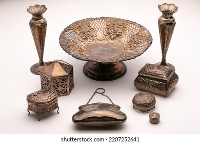 Collection Silver Items Including Flatware Knives Stock Photo ...