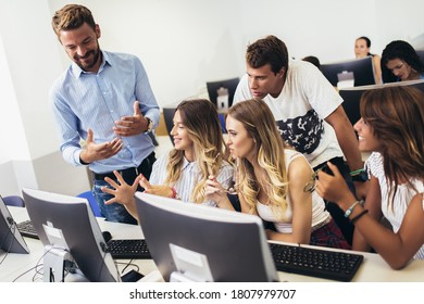 College Students Sitting Classroom Using Computers Stock Photo ...