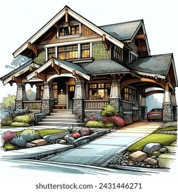 Colored Drawing Front View Medium-sized Craftsman-style AI-generated ...