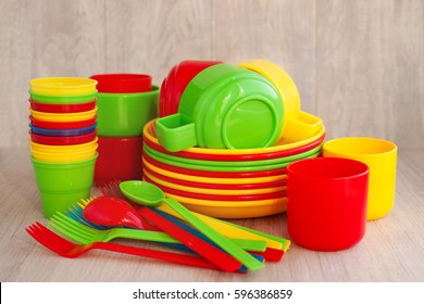 Colored Plastic Ware Tableware Picnic Made Stock Photo 596386859 ...