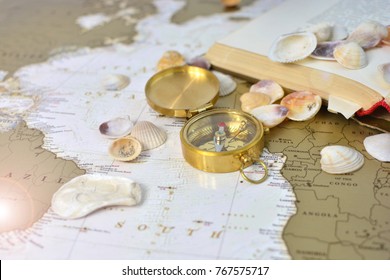 Compass Seashells On World Map Backgroundtravel Stock Photo 767575717 ...