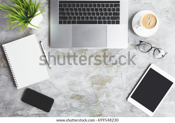 Computer Device On Work Desk Top Stock Photo (Edit Now) 699548230