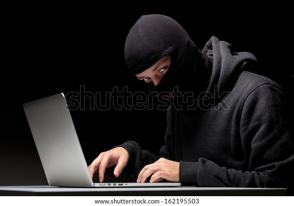 Computer Hacker Balaclava Working Darkness Stealing Stock Photo (Edit ...