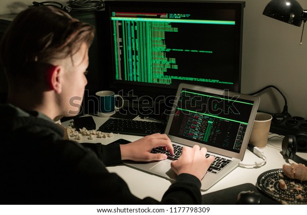 Computer Haker Sitting Desk Using Laptop Stock Photo 1177798309 ...