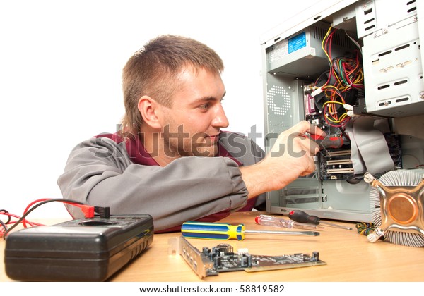 Computer Support Engineer Isolated On White Stock Photo (Edit Now) 58819582