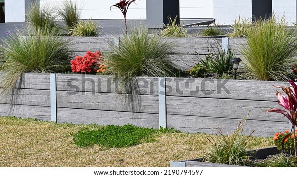 Concrete Sleeper Retaining Wall Designed Look Stock Photo 2190794597 ...