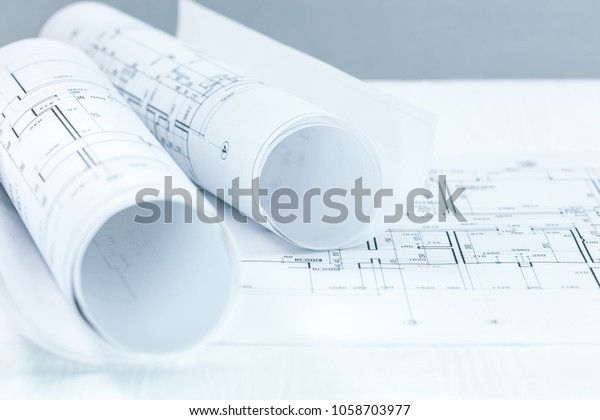 Construction Background Blueprint Rolls Technical Drawings Stock Photo ...