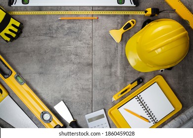Construction Contractor Tools On Gray Tiles Stock Photo 1860459028 ...