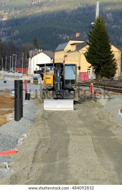 Construction Digger Excavation Front View Reconstruction Stock Photo ...