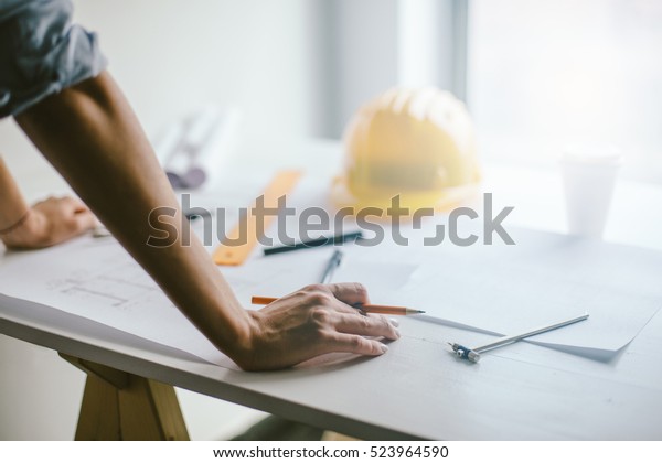 Construction Engineering Close Engineers Hands Working Stock Photo ...