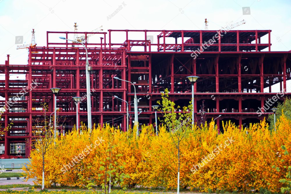 Construction of a large building from metal structures. Modular ...
