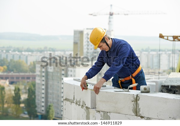 Construction Mason Worker Bricklayer Working Limestone Stock Photo ...