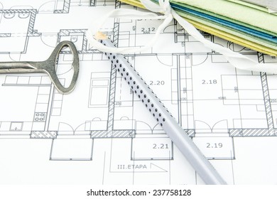 Construction Plan Closeup Old Key Pencil Stock Photo 237758128 ...