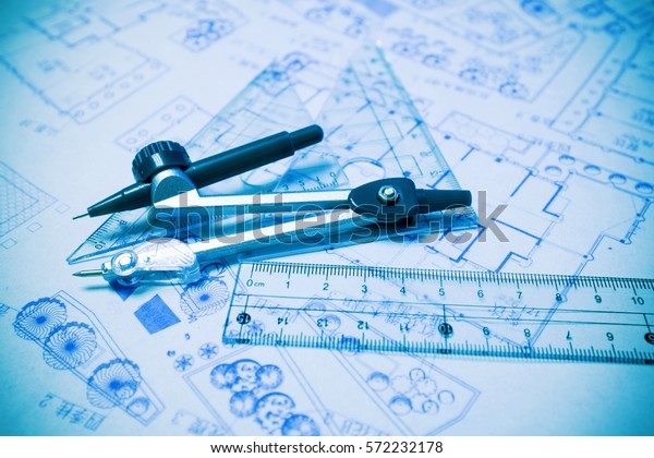 Construction Planning Drawing Tools Background Blueprint Stock Photo ...